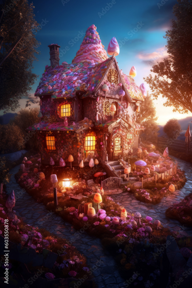 Digital illustration of a fantasy candy house, fairy tale sweet cottage ...