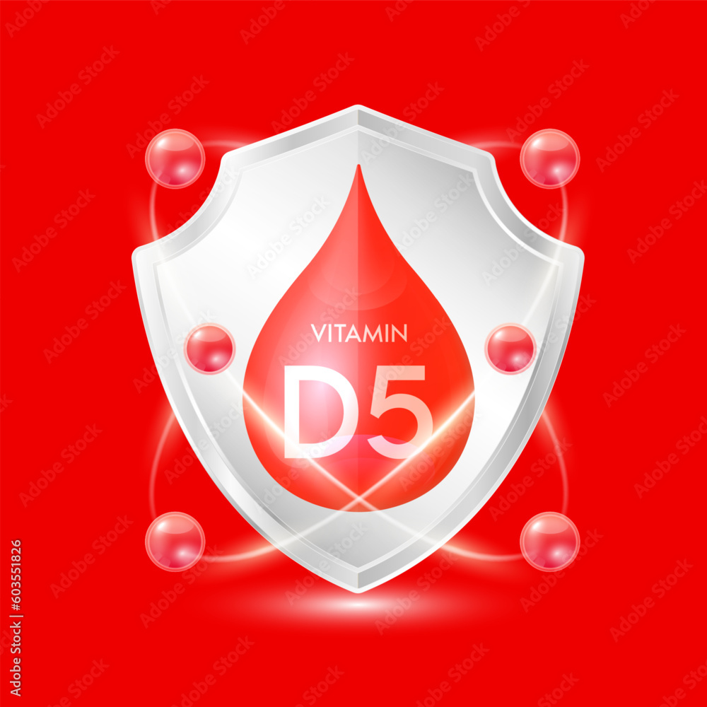 Vitamin D5 red drop inside aluminum shield with atom surround. Minerals ...