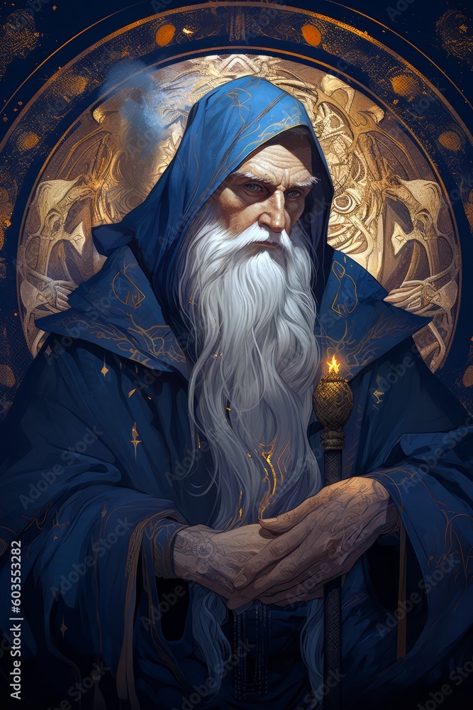 Illustration of a contemplative Blue Robed Wizard, wise and learned ...