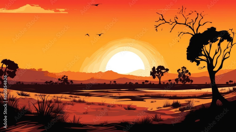 Outback Australia landscape silhouette down under, red sandy desert ...