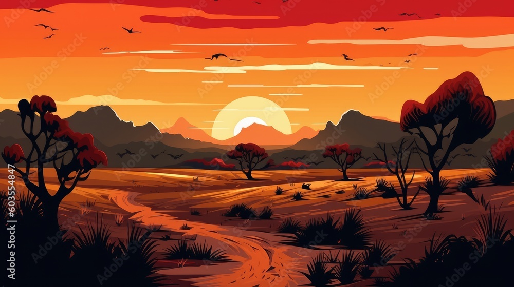 Outback Australia landscape silhouette down under, red sandy desert ...