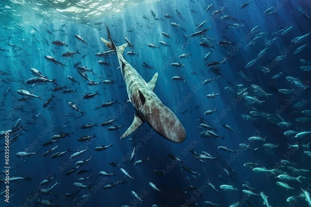 aerial top down view on ocean, shark swimming in big team of small ...