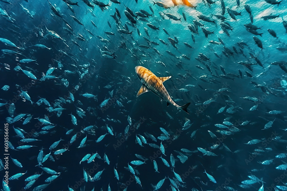 aerial top down view on ocean, shark swimming in big team of small ...