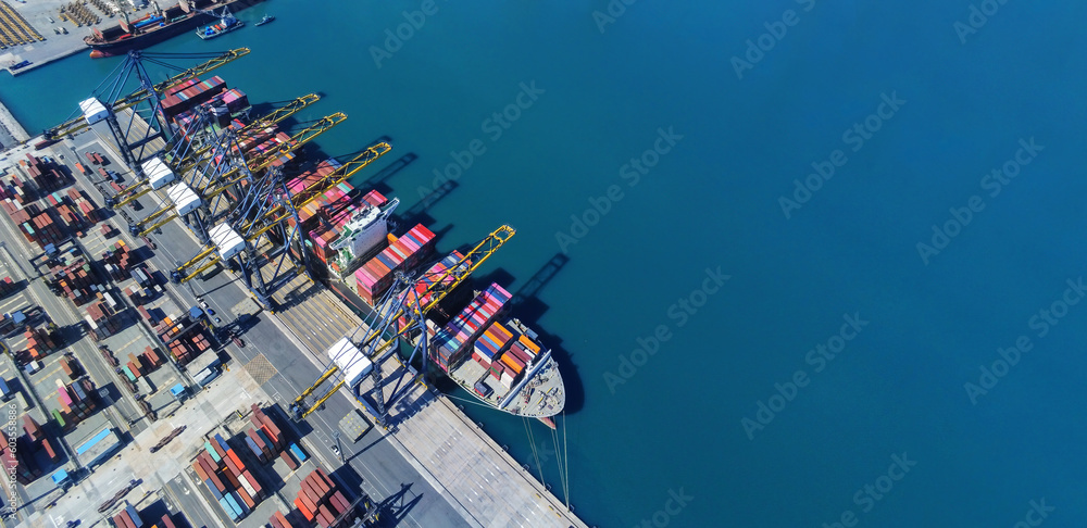 cargo ship and truck at seaport waiting for container dock crane ...