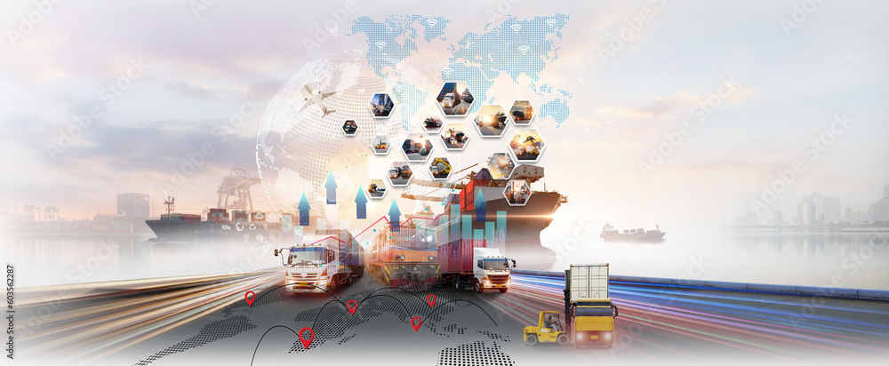 Foto de Container truck in ship port for business Logistics and ...