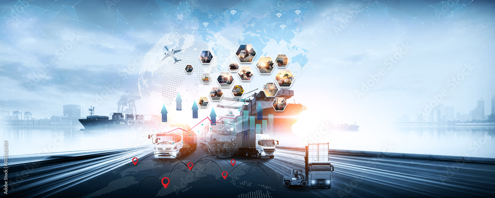 Container truck in ship port for business Logistics and transportation ...