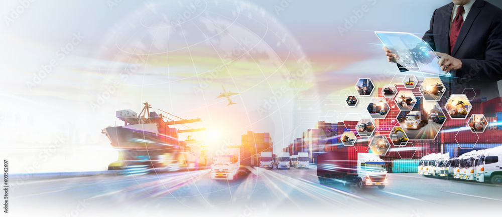 Smart technology logistics concept, Businessman touching virtual screen ...