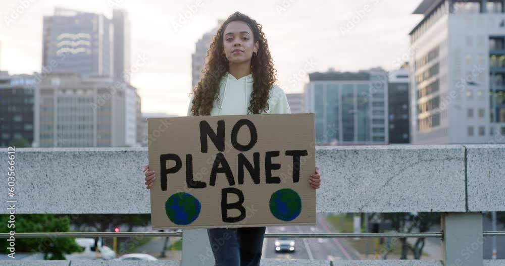 Vídeo do Stock: Protest, portrait and woman holding poster for climate ...