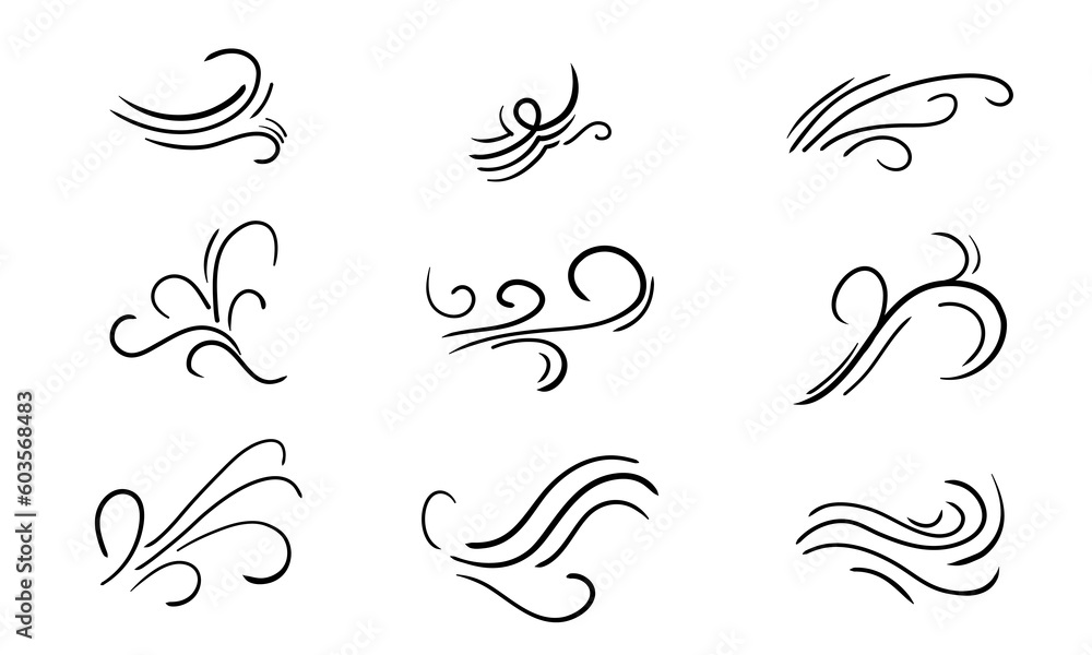 Wind weather and environment, nature icon set. Natural movement of the ...