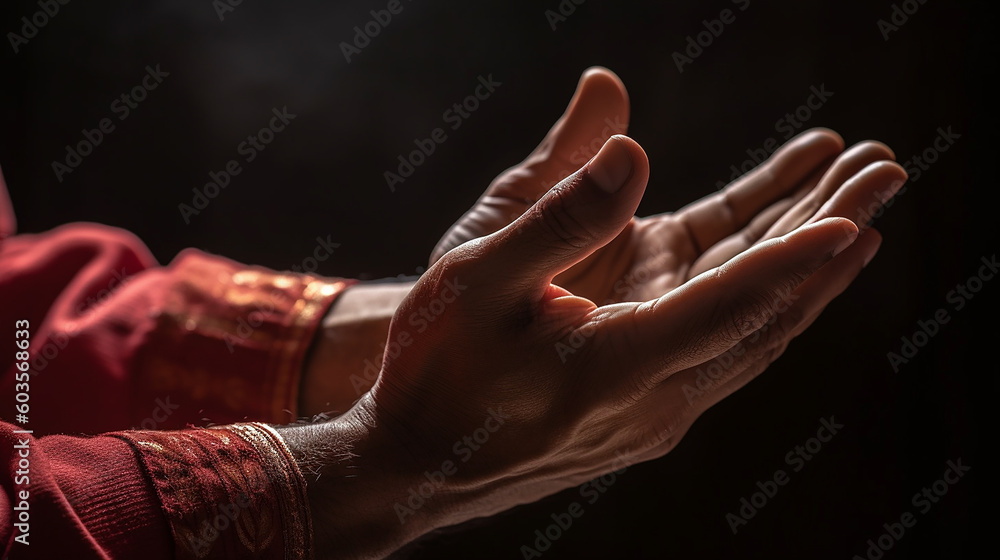 Generative AI image of a muslim man hands raised in prayer with dark ...