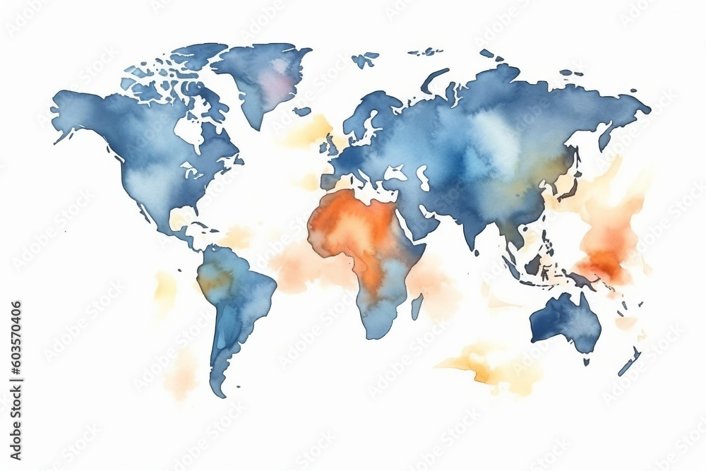 Map of the world with oceans and seas. Watercolor hand drawn ...
