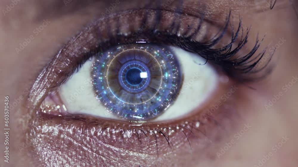 Woman, biometric and eye scan in cybersecurity, technology or AI for ...