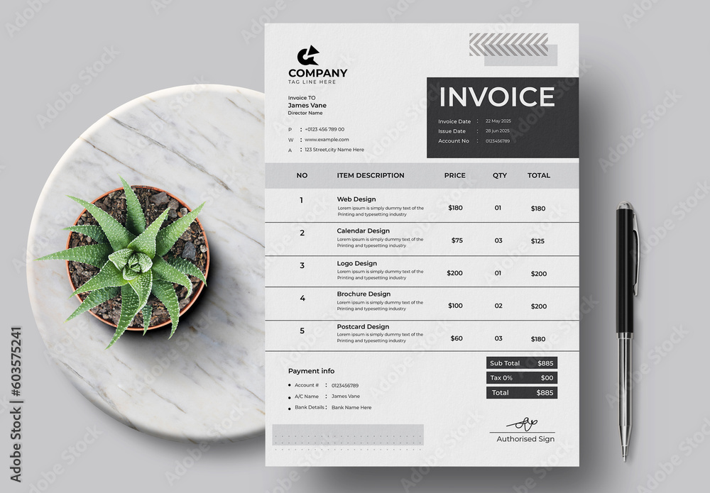 Black and White Invoice Design Layout Stock Template | Adobe Stock