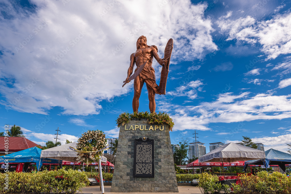 May 5, 2023: Lapulapu statue at Mactan Shrine in Mactan island, Cebu, Philippines. It was ...