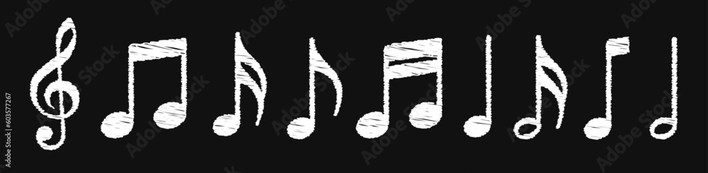 Music notes hand drawn black signs. Musical kid hand made key symbol ...