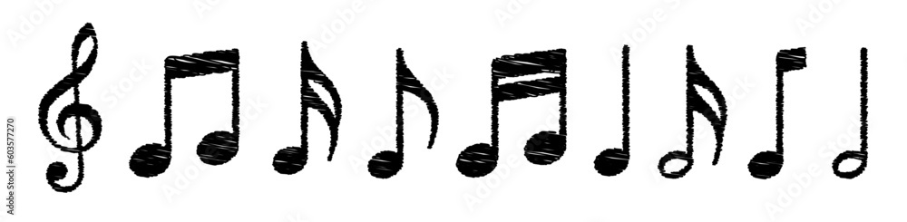 Music notes hand drawn black signs. Musical kid hand made key symbol ...