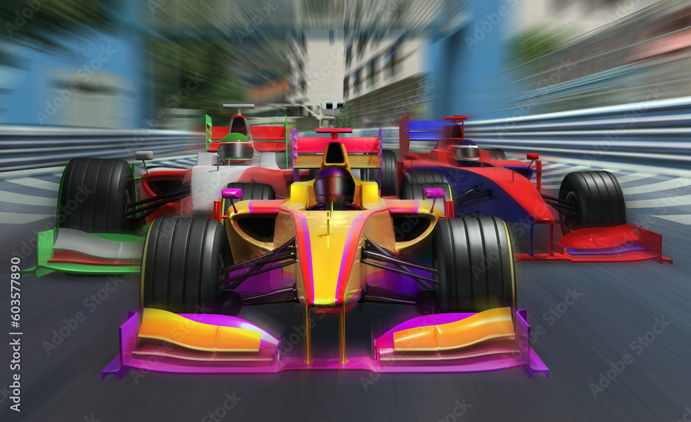 3D illustration of three generic formula racing cars competing at high ...