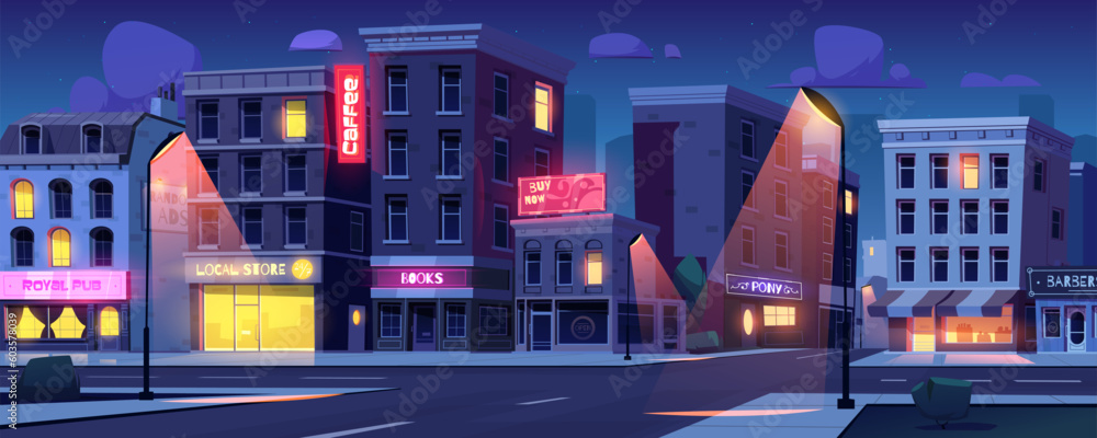 Night city street intersection cartoon vector background. Urban ...