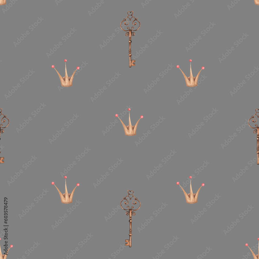 seamless watercolor pattern vintage keys and princess crown. cute ...