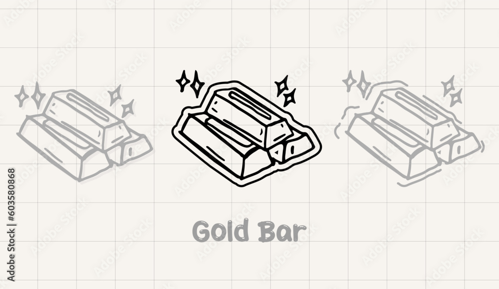 gold bar doodle icon. Group of solid vault kg blocks isolated on white ...