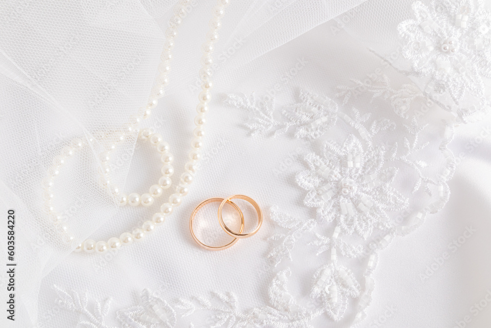 Poster Wedding background with chic white lace part of the bride's veil ...