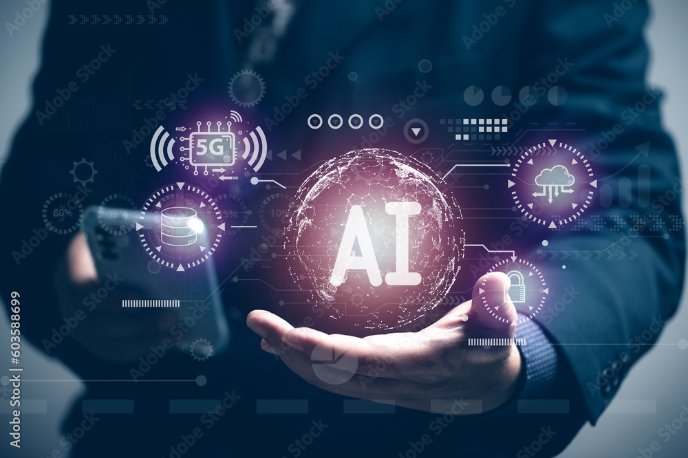 Stockfoto Ai tech, businessman show virtual graphic Global Internet ...