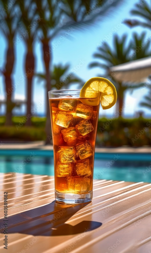Long Island Iced Tea cocktail on a wood table in the pool created with ...
