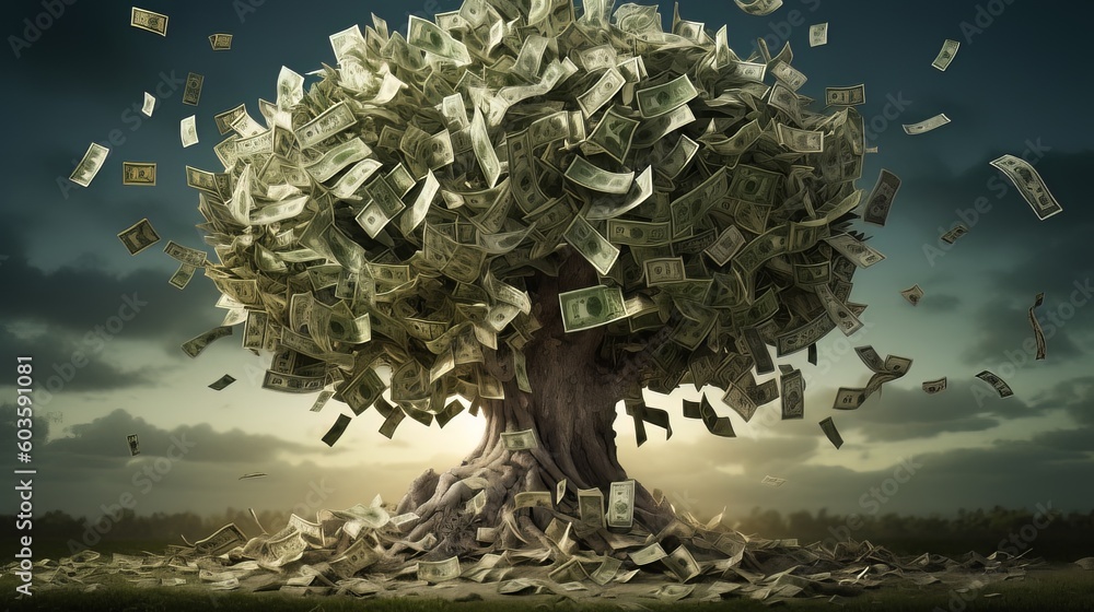 Money tree concept with dollar bills flying off the tree., Generative ...
