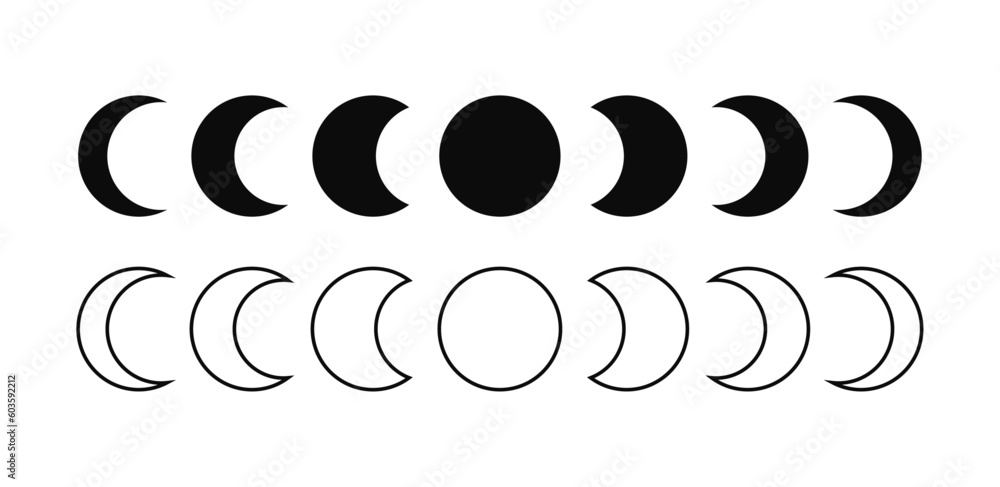 Moon phases astronomy icon silhouette symbol set. Full moon and ...