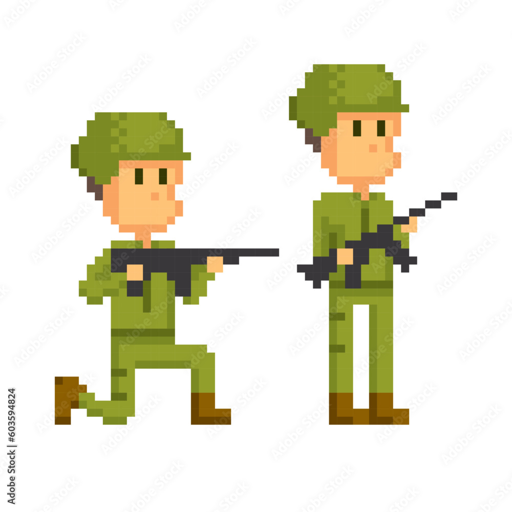 Two soldiers with assault rifles. Pixel art. 8 bit video game. 8-bit ...