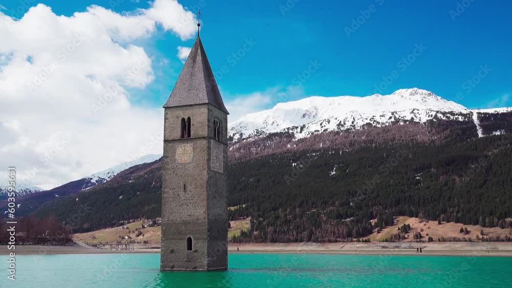 Church Tower in Lake Resia. Lake Reschen reservoir. The Reschen ...