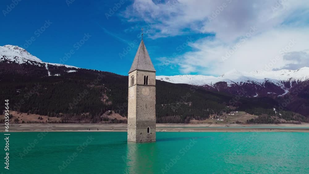 Church Tower in Lake Resia. Lake Reschen reservoir. The Reschen ...