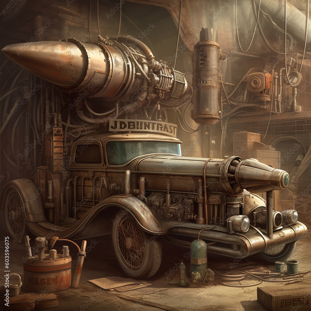 old industrial factory, generative, ai, Dieselpunk, motor, car ...