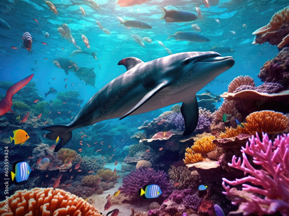 Dolphin with group of colorful fish and sea animals with colorful coral ...