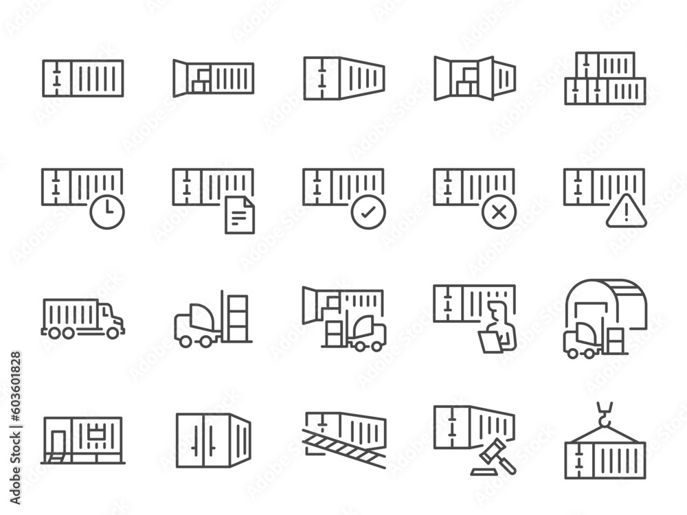 Containers icon set. It included the cargo, forklift, warehouse ...