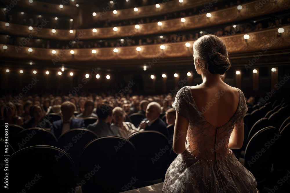 female opera singer soprano looking at the audience in the opera house ...