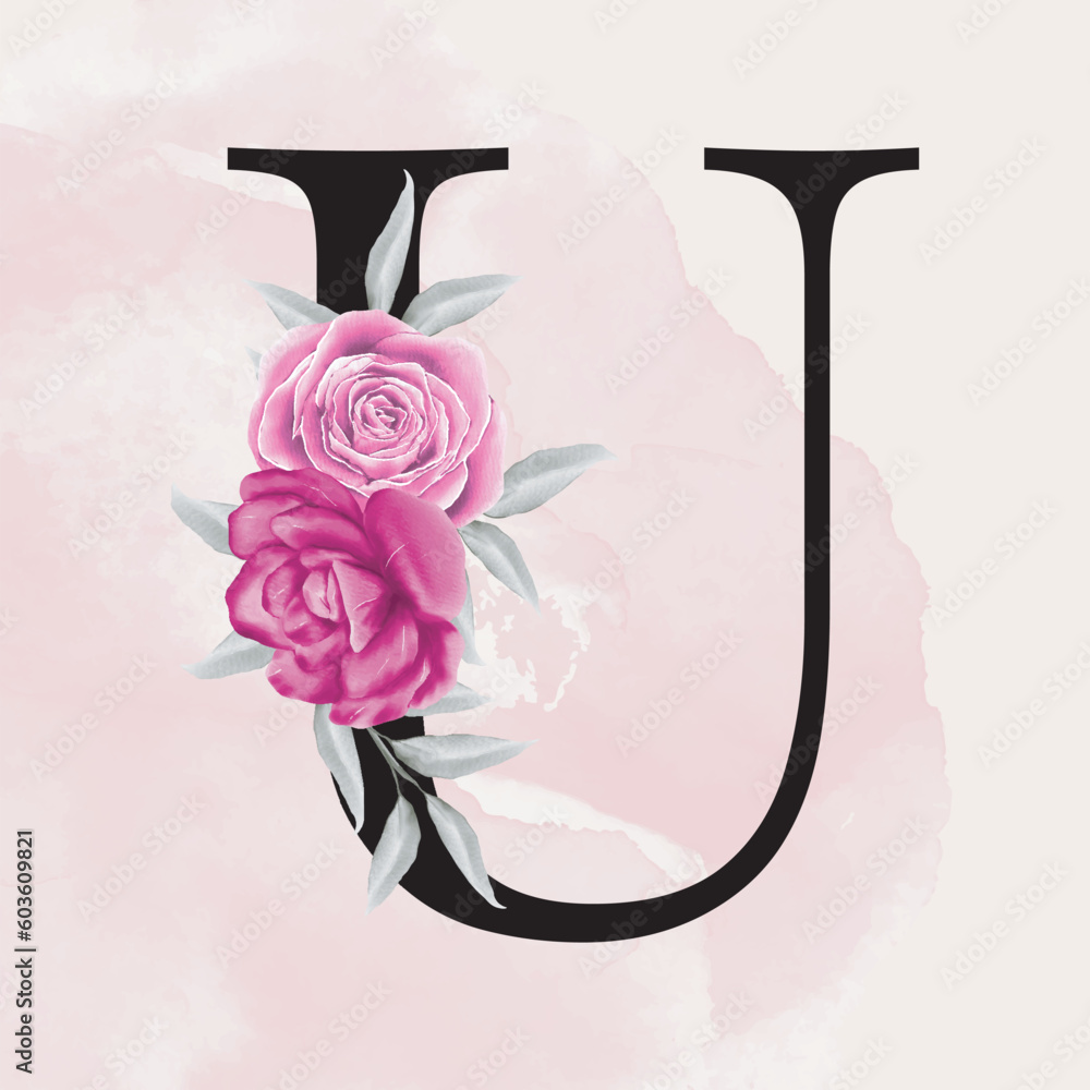 Black letter U font romantic typography with pink watercolor floral ...
