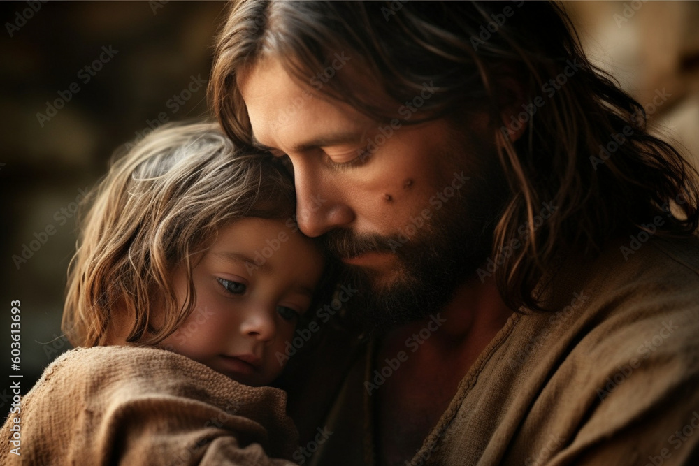 A tender and emotional still of Jesus embracing a child, capturing the ...