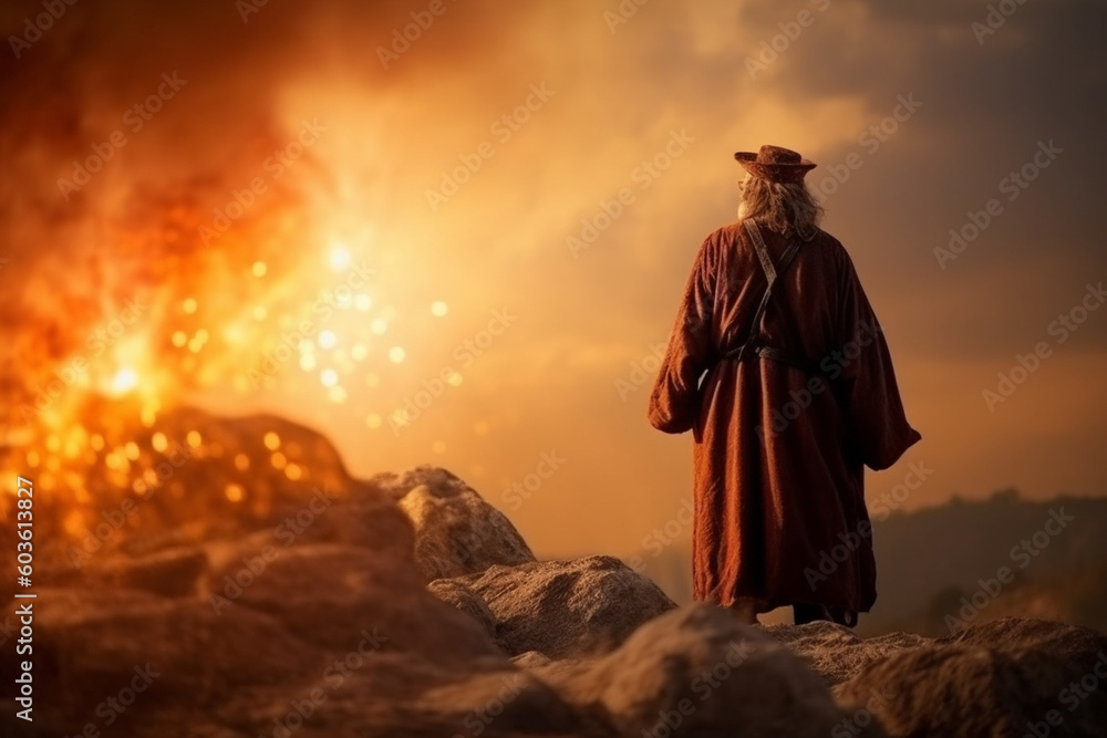 A dramatic shot of Elijah on Mount Carmel, calling down fire from ...
