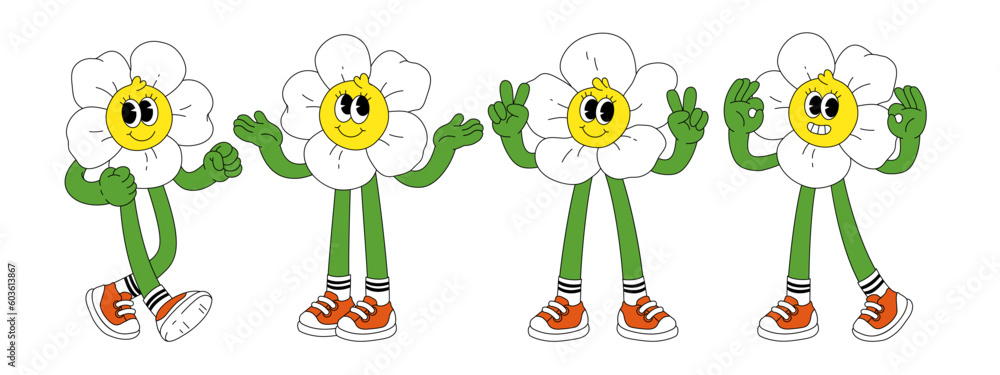 Flower retro funky cartoon characters. Comic mascot of daisy with happy ...