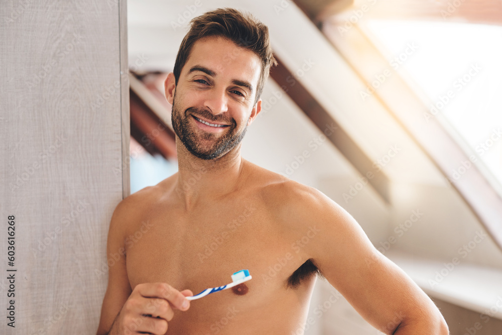 Portrait, shirtless and happy man brushing teeth in bathroom for dental ...