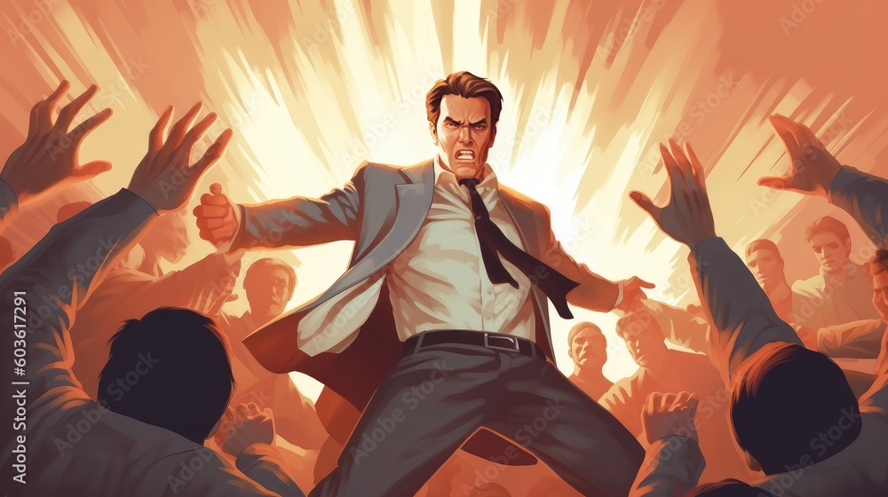 Illustration of a man in a suit defending himself against the angry mob ...