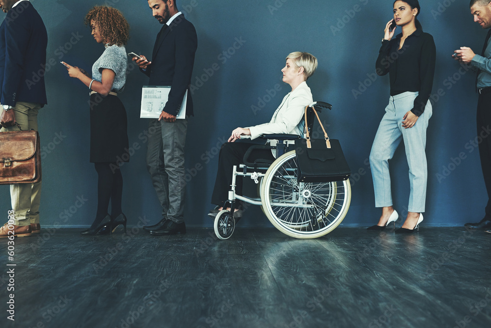 Waiting, interview line and woman inclusion in wheelchair for business ...