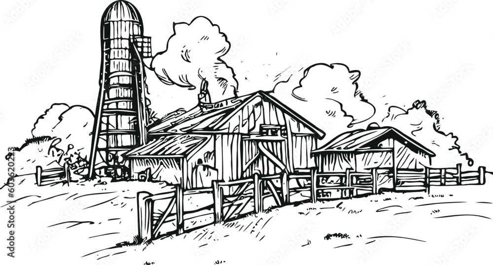 farm vector landscape illustration in one color on white background ...
