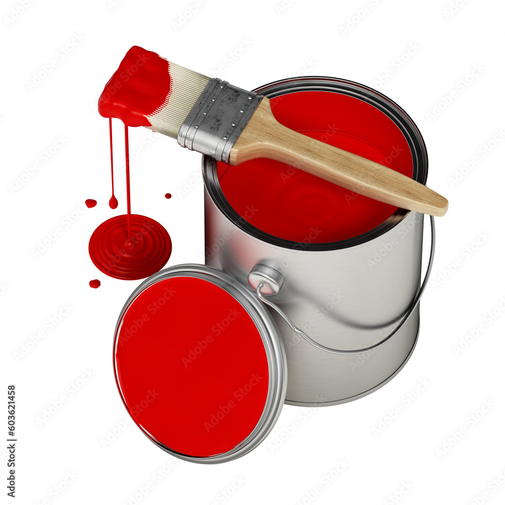 Open paint can and brush with dripping paint isolated on transparent ...