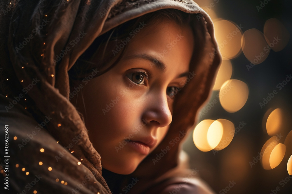 Mary, the mother of Jesus, with a serene expression and a tender gaze ...