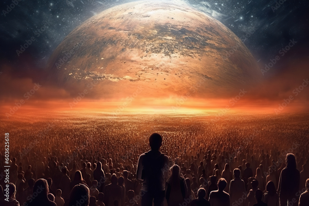Humanity gazes upon a massive planet engulfed in flames, a symbol of ...