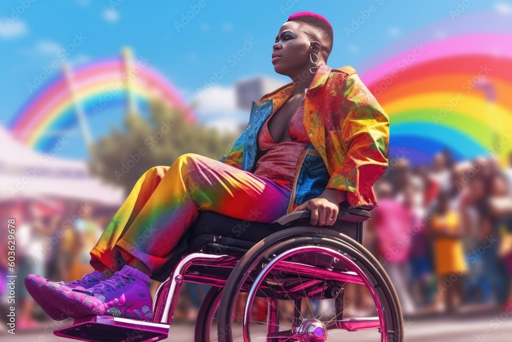 Black queer disabled, afrlcan in rainbowcolours in wheelchair at gay ...