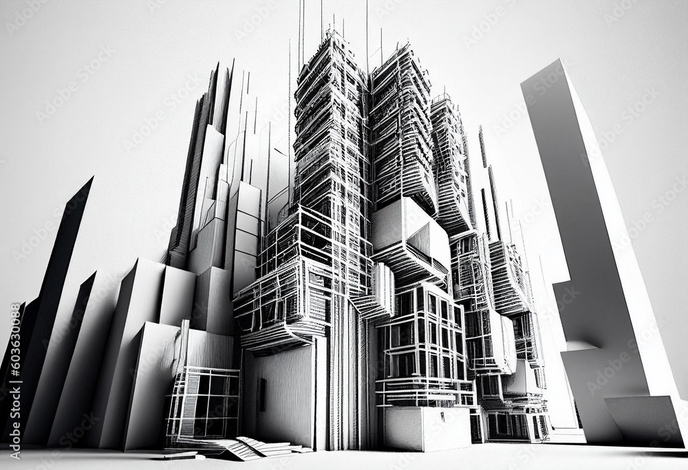 abstract 3d illustration of modern architecture in black and white ...