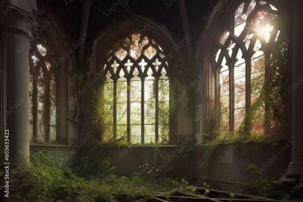 Creepy church with broken stained glass windows and overgrown ivy ...